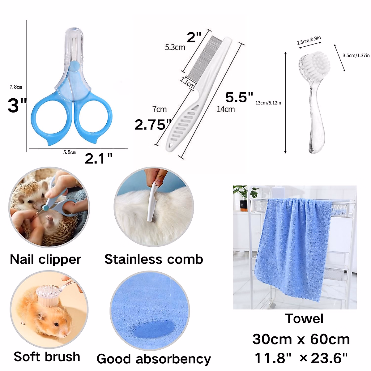 6 Pcs Hedgehog Bath Supplies Kit, Foldable Bathtub and Cleaning Brush with Pet Hair Comb, Pet Nail Clipper, Swimming Ring, Towel for Small Animal Hamster, Bunny, Guinea Pig, Lizards, Turtle