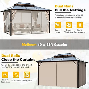 MELLCOM 10 x 13ft Hardtop Gazebo, Polycarbonate Double Roof Aluminum Gazebo, Outdoor Waterproof Canopy Gazebo with Netting and Curtains for Backyard, Deck, Patio