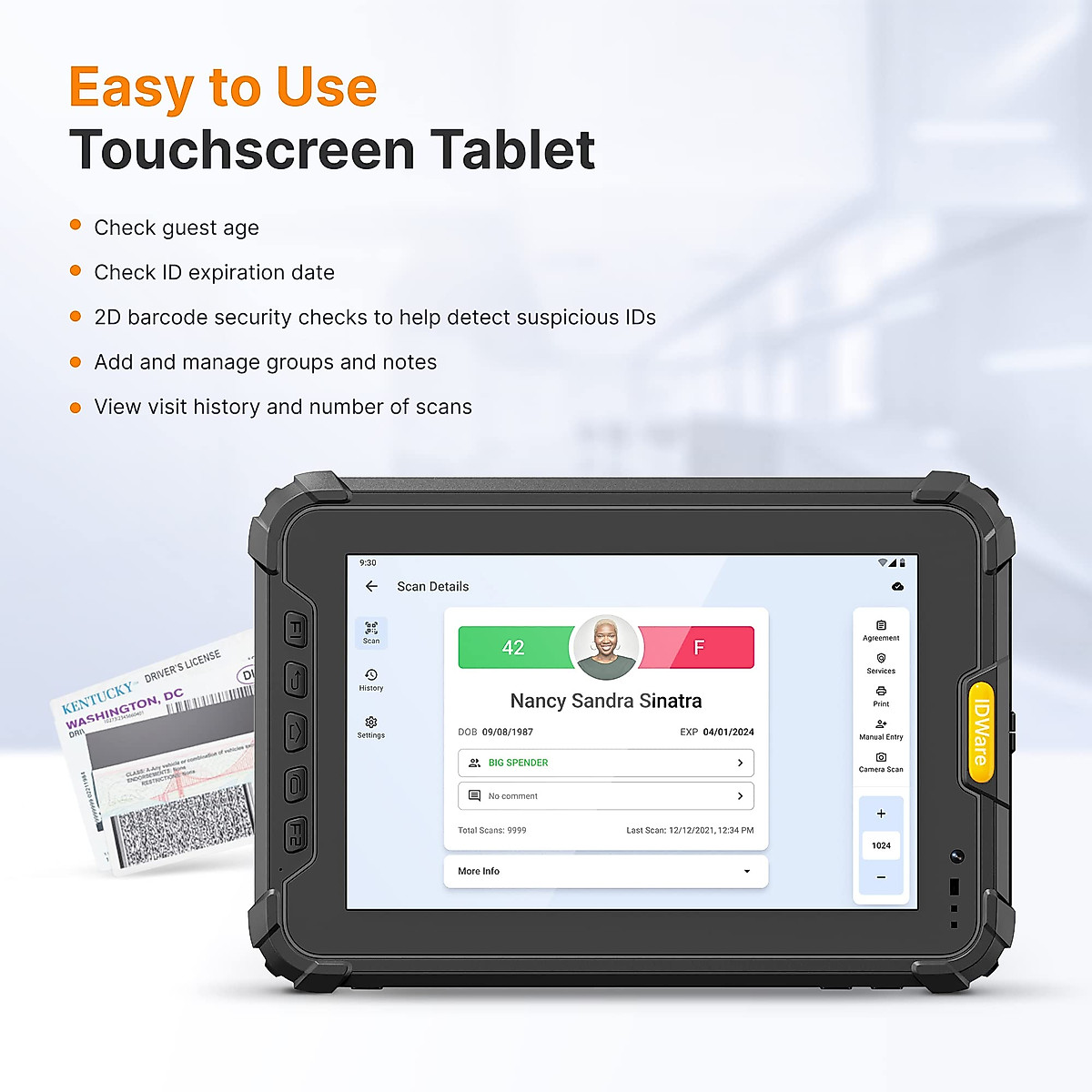 Visitor Management Bundle with Durable All-in-One 8" Android ID and Passport Scanner for Bars, Nightclubs, Gated Communities, Events, and Door Entrances – IDWare Falcon with Tabletop Stand