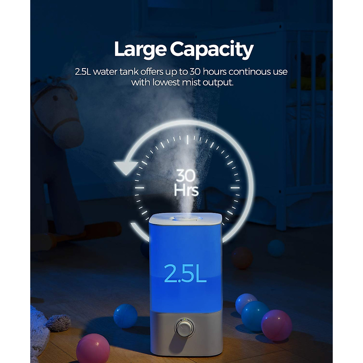 raydrop Cool Mist Humidifier Diffuser, 2.5L Essential Oil Diffuser, Top Fill Humidifier for Bedroom, Home and Office, Baby Humidifier with Adjustable Mist Output, Dial Knob, Auto Shut Off (White)