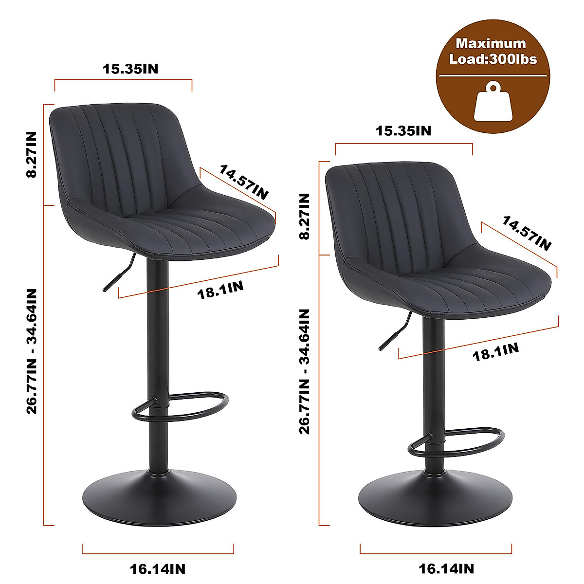 Youhauchair Bar Stools Set of 2, Swivel Counter Height Barstools with Back, Adjustable PU Leather Bar Chairs, Modern Armless Kitchen Island Stool, Black