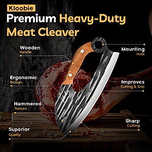 KLOOBIE Premium Hammered Stainless Steel 8.23" Meat Cleaver with Ergonomic Wooden Handle and Finger Hole for Enhanced Control – Versatile Kitchen Knife for Chopping, Slicing, & Dicing - Light Brown