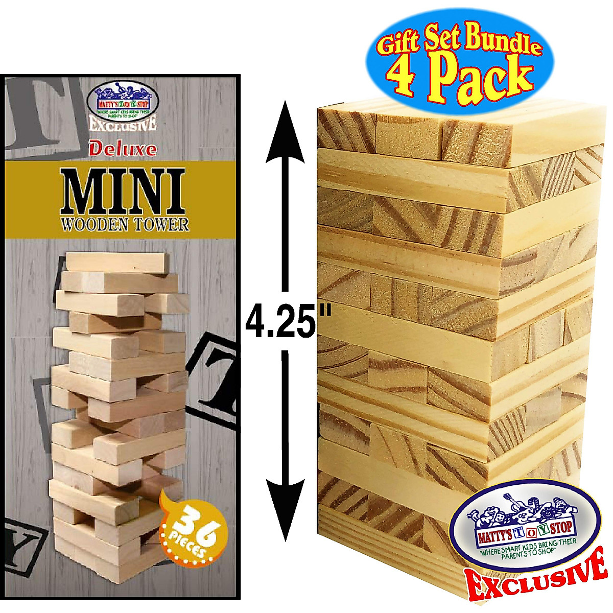 Matty's Toy Stop Mini Wooden Tower 36 Piece Stacking Game (4.25") Gift Set Party Favor Bundle - 4 Pack