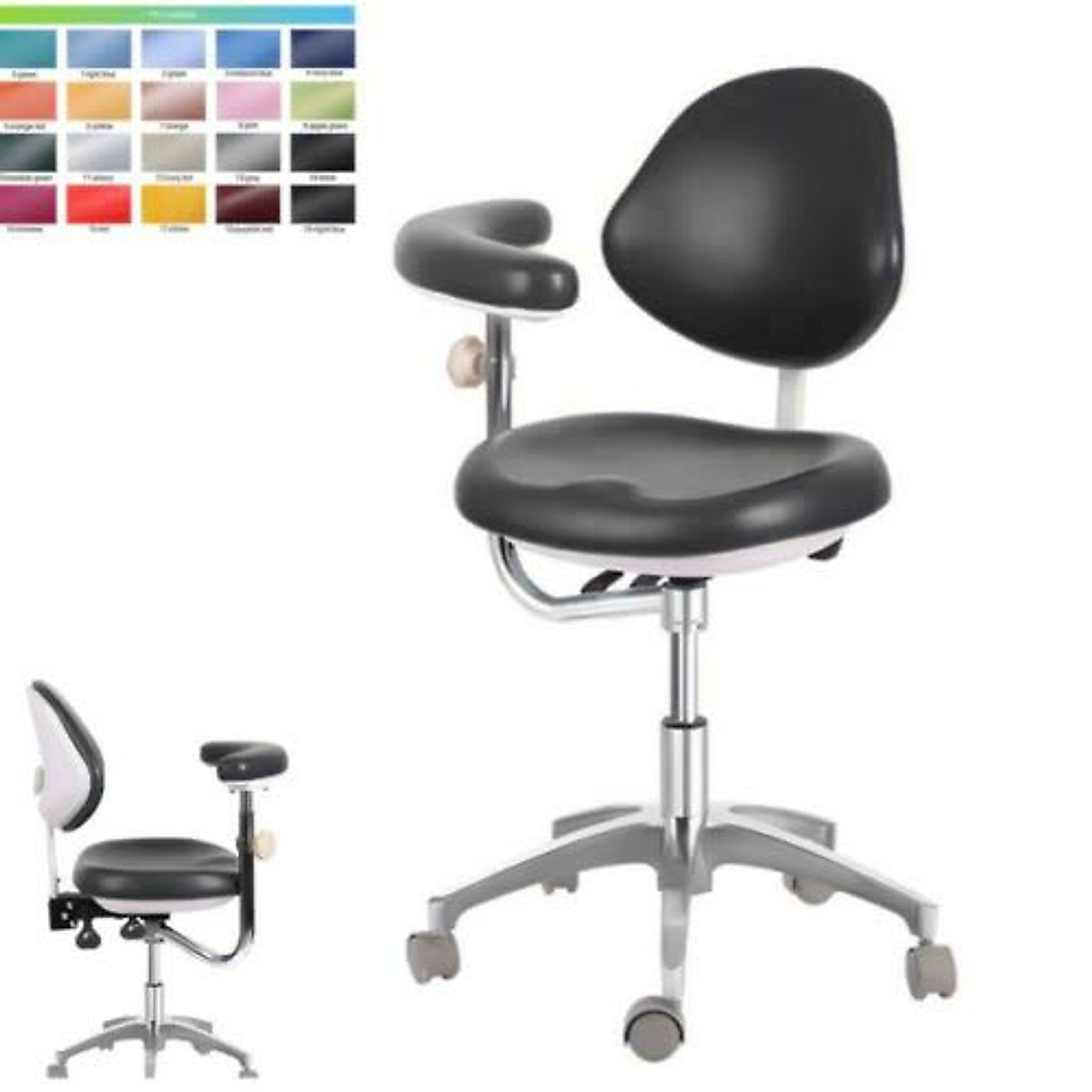 Aries Outlets Dental Adjustable Doctor's Stool Assistant Chair+360 Degree Rotation Armrest PU