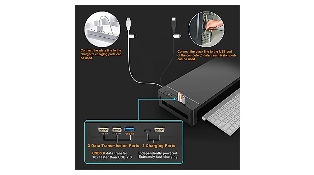 AQQEF Monitor Stand Riser: USB Hub, Storage, Adj Width