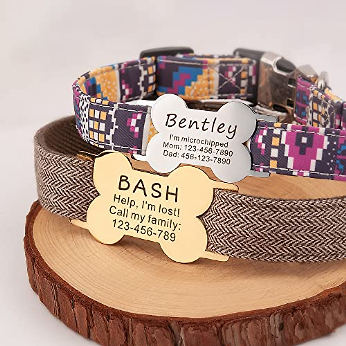 Anavia Bone Shape Slide On Silent Pet ID Tags, S/M/L/XL Gold Black Personalized Engraved Cat Dog Name Tags, Glossy Finish Stainless Steel Chew-Proof Quiet Dog Collar Tag