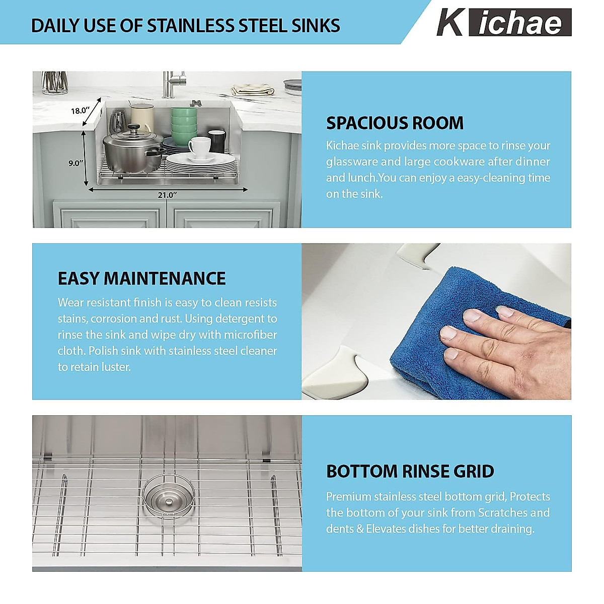 Kichae 21 Inch Kitchen Bar Sink Undermount Single Bowl Stainless Steel 16 Gauge Handmade Modern Under Counter Handmade Wet Bar RV Kitchen Sink with Drain Strainer