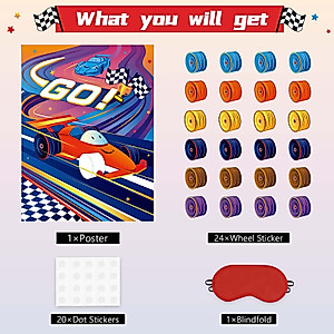 WERNNSAI Pin The Wheels On The Racing Car Game - Race Car Birthday Party Supplies for Boys Kids Two Fast Decorations Poster with 24 Pcs Stickers for Baby Shower Classroom Activities (21" X 28")