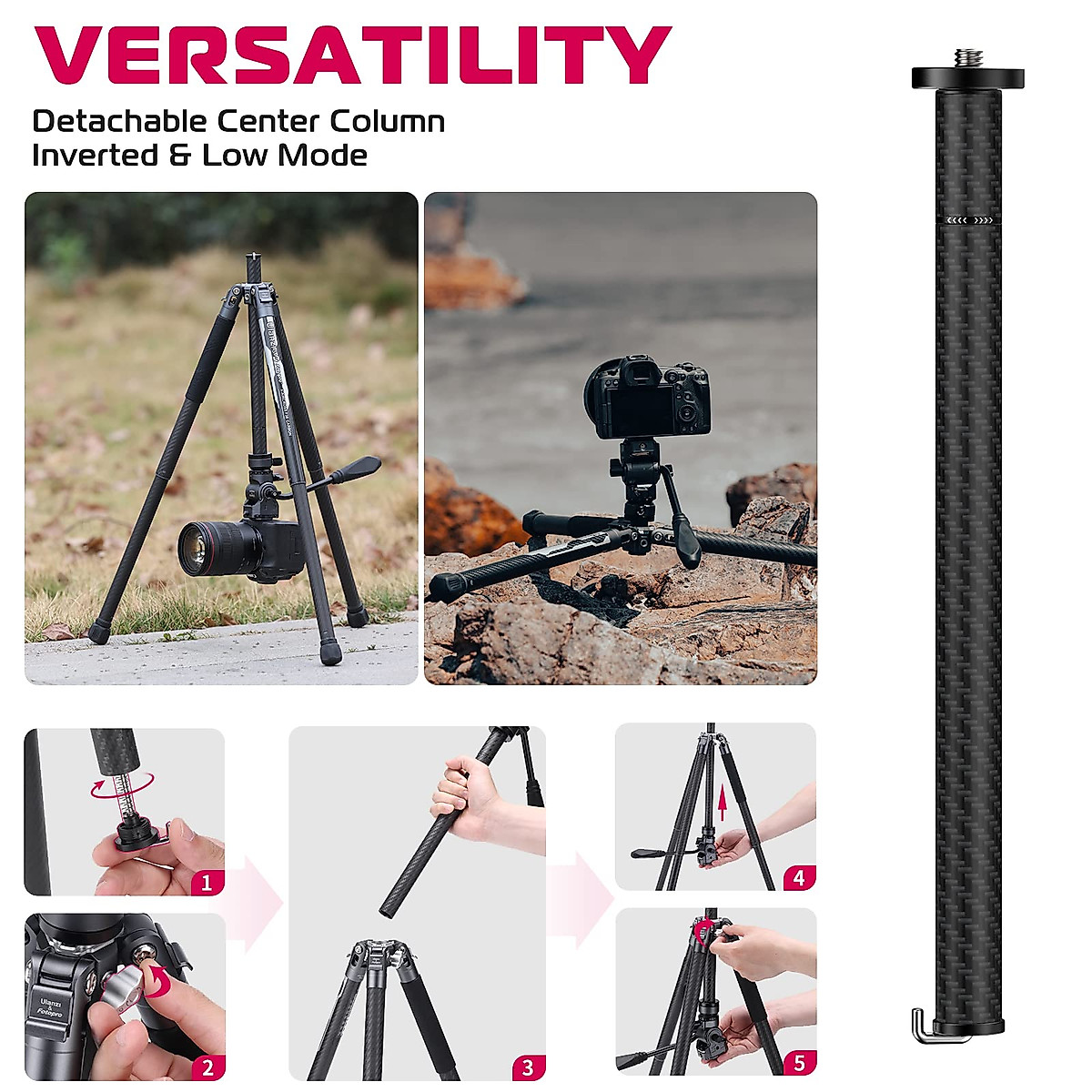 ULANZI F38 Video Travel Tripod, 61.4" Lightweight Carbon Fiber Camera Tripod with Quick Release 1/4" Screw & Video Head, for Most Cameras/DSLR/Projector, Weight 2.38lbs, Maxload 22lbs