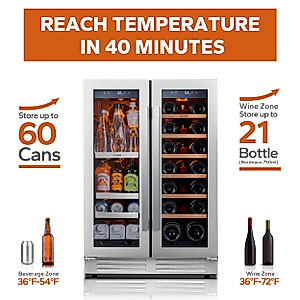 Ca'Lefort Wine and Beverage Refrigerator - 24 inch Dual Zone 60 Cans 20 Bottles Drink Fridge with Glass Door, 3 Color LED Lights Wine Cooler for Beer Soda for Home Office Bar Bedroom