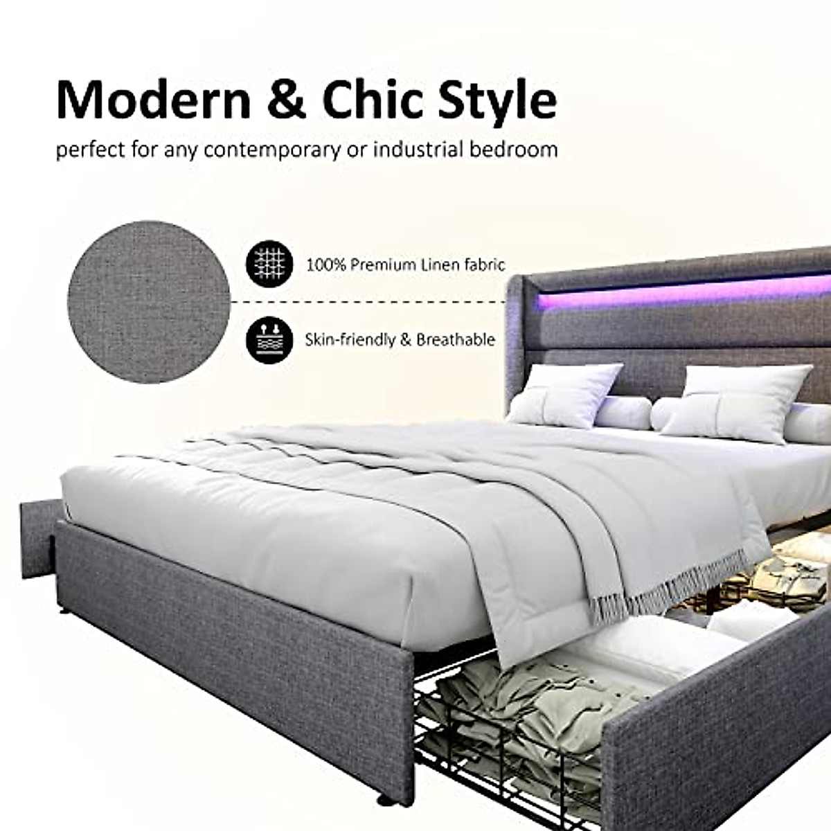 AMERLIFE King Bed Frame with RGBW LED Lights Headboard & 4 Storage Drawers, Upholstered Smart Platform Bed with USB & USB-C Ports, Box Spring Optional, Light Grey