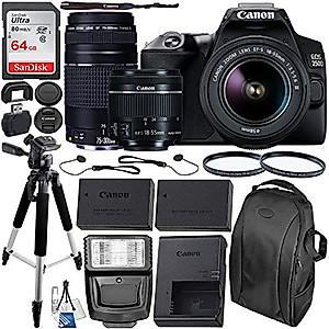 Canon EOS 250D (Rebel SL3) DSLR Camera with 18-55mm & 75-300mm Canon Lenses & Essential Accessory Bundle – Includes: SanDisk Ultra 64GB SDXC Memory Card, Extended Life Spare Battery & More