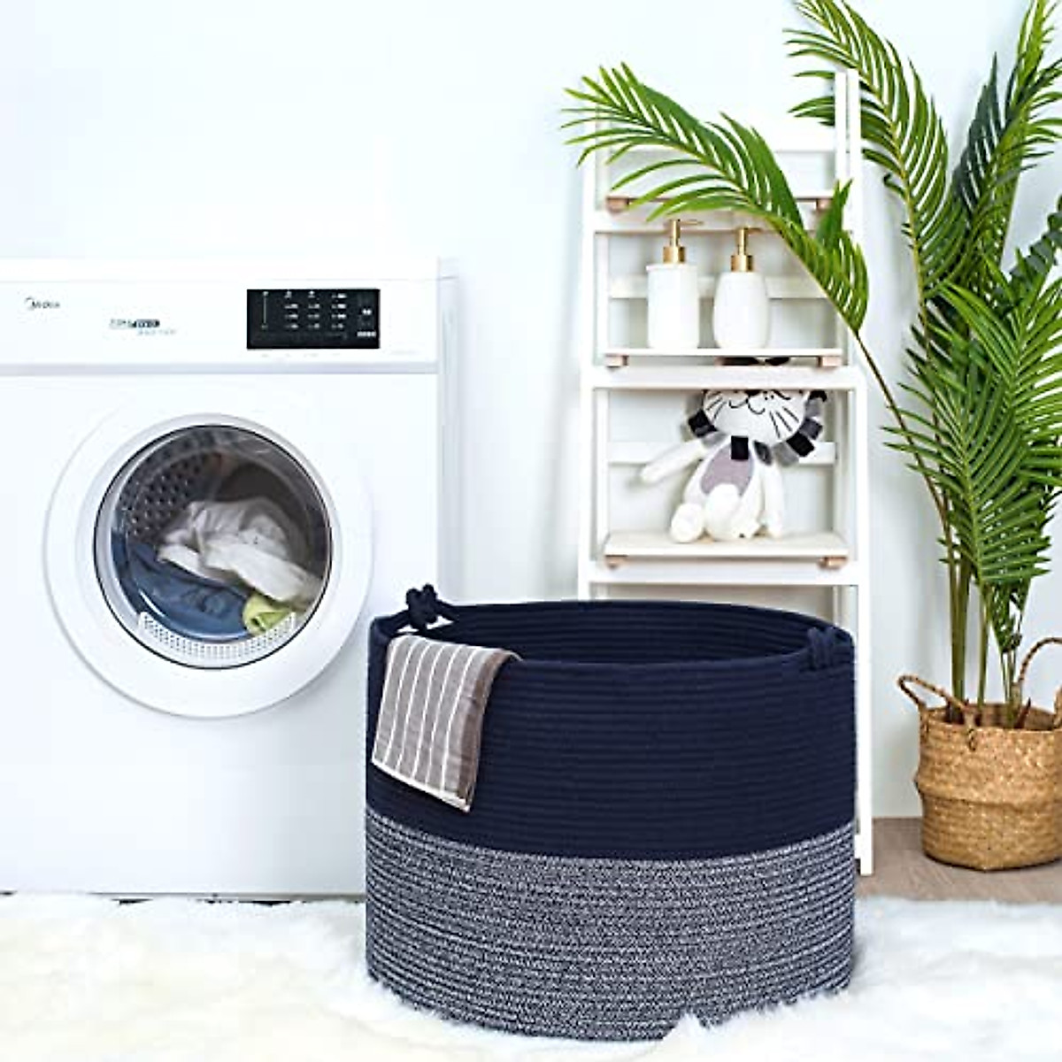 MINTWOOD Design XXXXLarge 22 x 16 Inches Decorative Cotton Rope Basket, Blanket Basket Living Room, Laundry Basket, Woven Basket, Toy Storage Baskets Bin, Round Basket for Pillows, Towels, Navy Blue