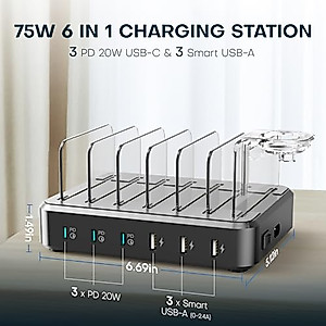 Charging Station for Multiple Devices,75W 6 Port Charger Station with 3 Powerful 20W PD USB-C Ports,7 Charging Cables,USB Charging Dock Compatible with iPhone iPad,Tablets Android