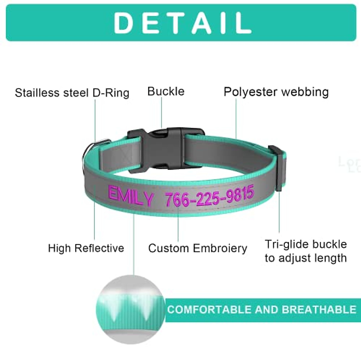 Personalized Dog Collars,Reflecvtive Dog Collar,Custom Embroidered with Name and Phone Number in Black,Red,Orange,Cyan,Rose for Puppy,Small,Medium,Large Dogs,for Boy and Girl Dogs