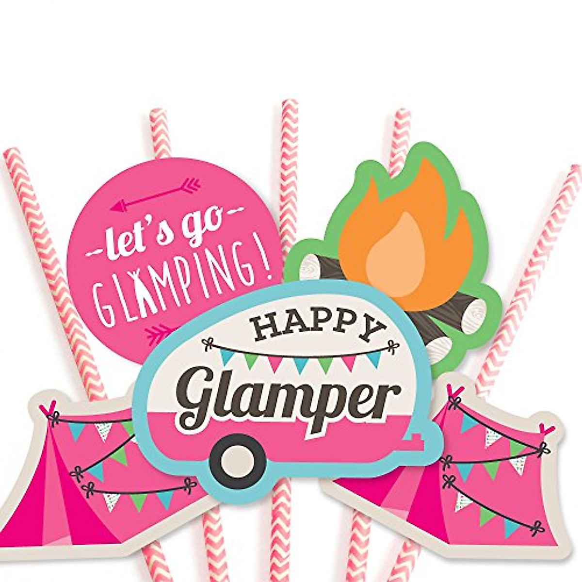 Let's Go Glamping - Paper Straw Decor - Camp Glamp Party or Birthday Party Striped Decorative Straws - Set of 24