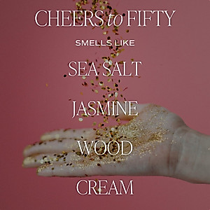 Sweet Water Decor Cheers to Fifty Candle - Sea Salt, Jasmine, Wood, and Cream Scented Candle for Home - 9oz Clear Jar with 40 Hour Burn Time, Made in USA - 50th Anniversary and Birthday Gifts