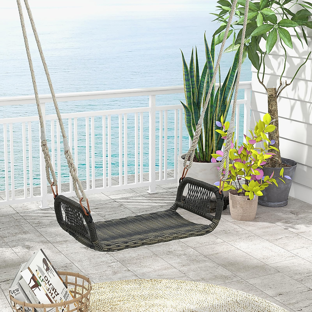 Tangkula 1-Person Rattan Porch Swing, Outdoor Single Swing Chair Bench with Hanging Hemp Ropes for Adults and Kids, Bench Swing for Porch, Yard, Balcony, Tree (Mix Brown)