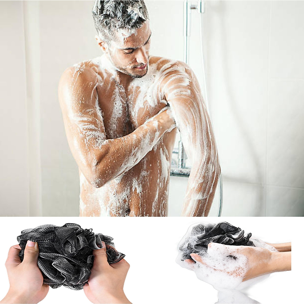 Nourah, Dual-Sided, Silicone Base Swirl Mesh Flower Sponge lufas, Shower Ball Scrubber, Lather and Exfoliating, Comfortable Bath Sponge for Cleansing and Smoothing Skin, for Men. (Black)