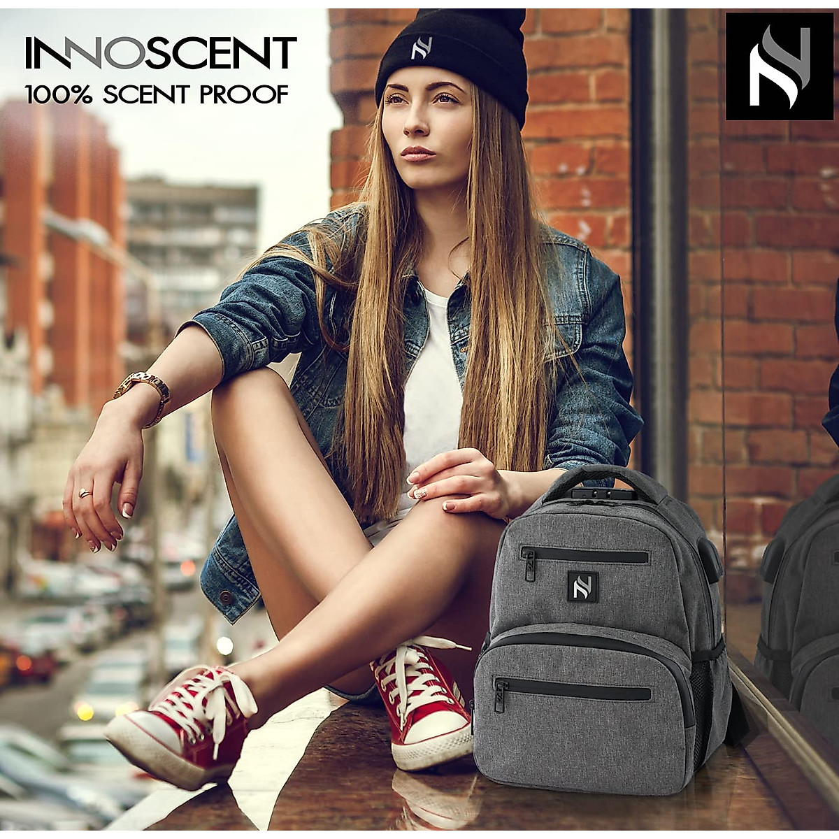 INNOSCENT Mini Smell Proof Backpack With Lock For Men/Women USB & Headphone Port (Light Grey)
