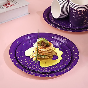 Gudvilla 200PCS Purple Party Decorations Purple Plates and Napkins Party Supplies Silver Dot Disposable Party Dinnerware for Birthday,Graduation,Baby Shower,Bridal Shower Serves 50 Guests