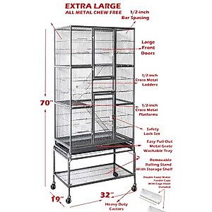 70" Extra Large Wrought Iron 3-Levels Ferret Chinchilla Sugar Glider Chewproof Cage Tight 1/2-Inch Bar Spacing with Removable Rolling Stand