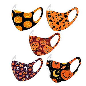 5pcs Funny Happy Halloween Reusable Kids Face_mask Cute Face Coverings Washable Breathable Dust Bandanas for Boys and Girls