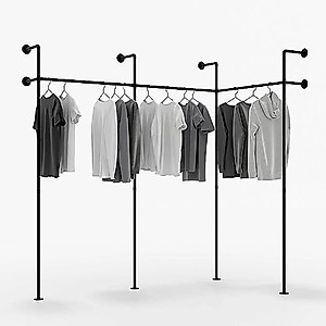 pamo Industrial Loft Design Kim III Edge Clothes Rail Over Corner Coat Rack for Walk-In Wardrobe Wall I Bedroom Clothes Rack Made of Black Sturdy Tubes for Wall Mounting