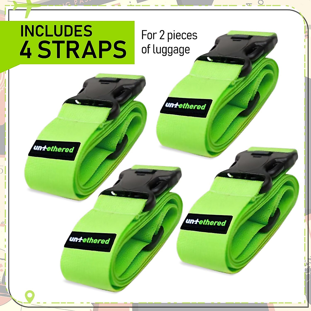 Untethered 4-Pack Luggage Straps | Durable TSA-Approved Suitcase Belt Straps | Adjustable Bag Straps for Secure Luggage Wrapping | Heavy-Duty Buckle Straps for Travel