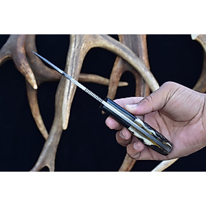 Knives Ranch Handmade Gut-Hook Skinning Knife - Ram's Horn Handle - Heavy-Duty Leather Sheath (2048-RH)