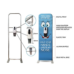 BannerBuzz Hand Sanitizer Automatic Dispenser Floor Stand Kit Touchless Machine Hold Your Hands Fabric Banner+ Stand for Hospital, Home, School, Office - 2 X 6.5 Ft (Single Side Graphic Print)