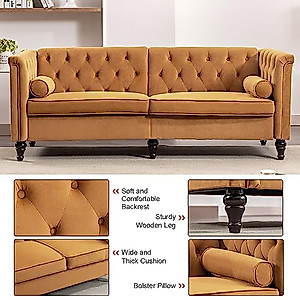 TTGIEET 76'' W Velvet Sofa Mid-Century Modern Love Seats, 3 Seater Sofa Couch with Two Bolster Pillows, Tufted futon Sofa Furniture for Living Room Bedroom Office （Ginger）