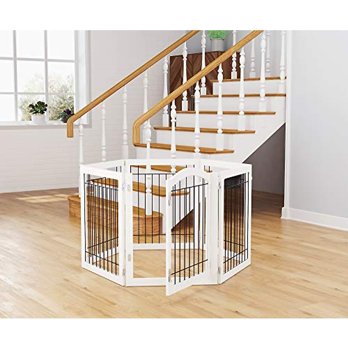 PAWLAND 144-inch Extra Wide 30-inches Tall Dog gate with Door Walk Through, Freestanding Wire Pet Gate for The House, Doorway, Stairs, Pet Puppy Safety Fence, Support Feet Included, White,6 Panels