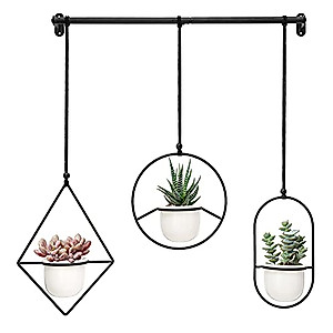 Mkono Mini Hanging Planters Indoor Herb Garden for Window, 3.5" Ceramic Plant Pot in 3 Different Metal Plant Hangers with Drainage Holes for Indoor Plants, Black/White