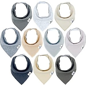 Diaper Squad 100% Organic Cotton Neutral Solid 10-Pack Baby Drool Bandana Bibs for Boys and Girls, Plain Colors