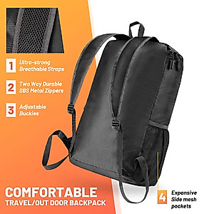 WRTEE Hiking Daypack,Water Proof Lightweight Packable Backpack for Travel Camping Outdoor Portable - Black