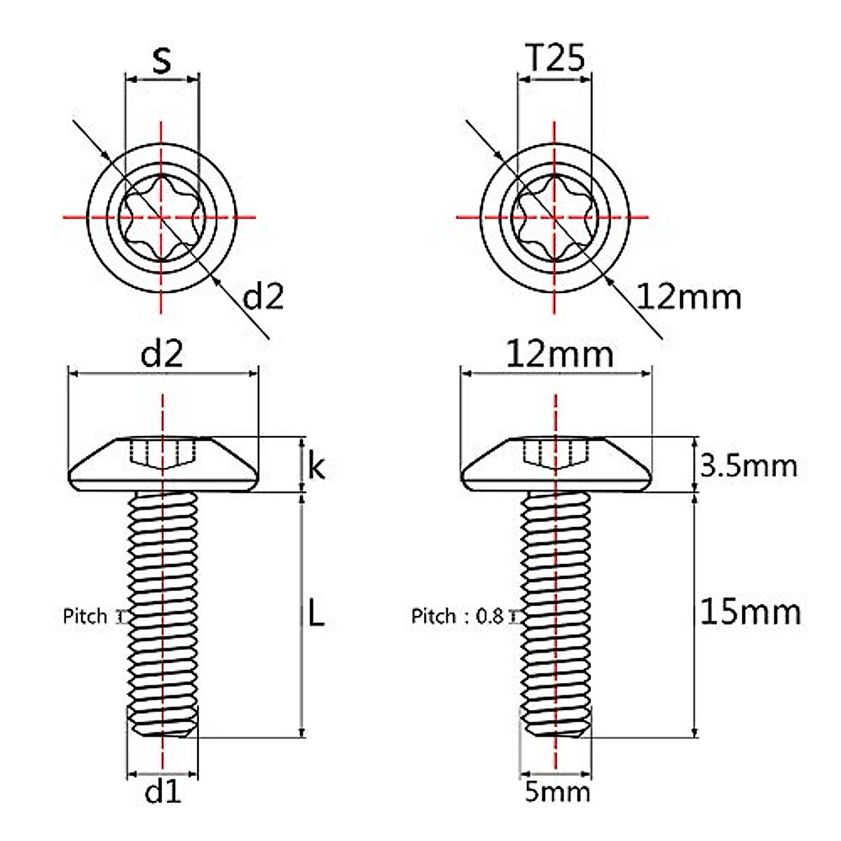 Wanyifa Titanium M4 M5 M6 10 12 15 20 25mm Button Torx Head Bolt Screw for Bicycle Motorcycle Pack of 4 (Ranibow, M5x12mm)