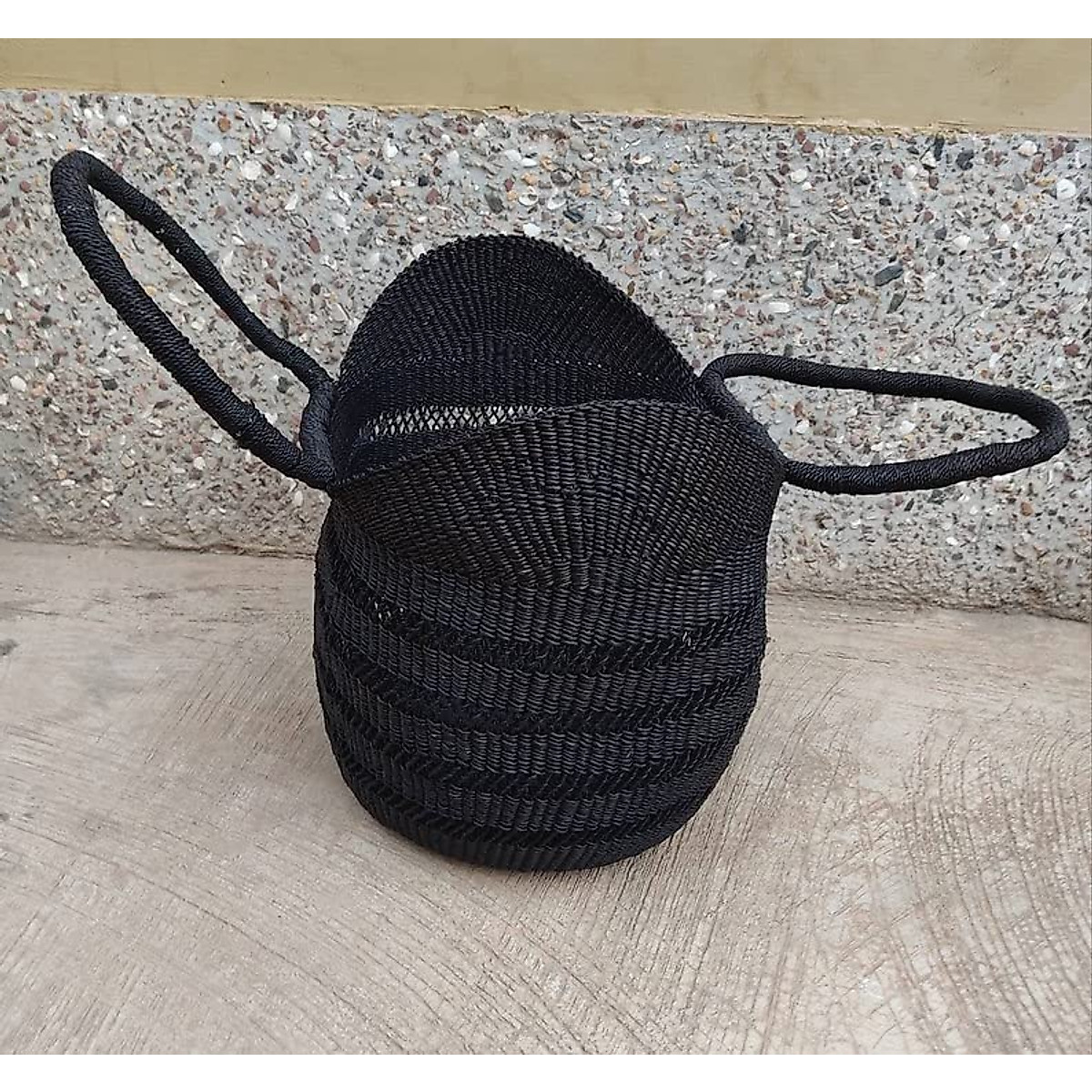 Ghana Handwoven Bolga Market Basket-African Beach Bag-Farmers Choice Market Bag-Plant Basket, Picnic Basket, Easter Basket, Straw Bag-Large Woven Basket, Toy Basket Handmade in Ghana (Black Leather)
