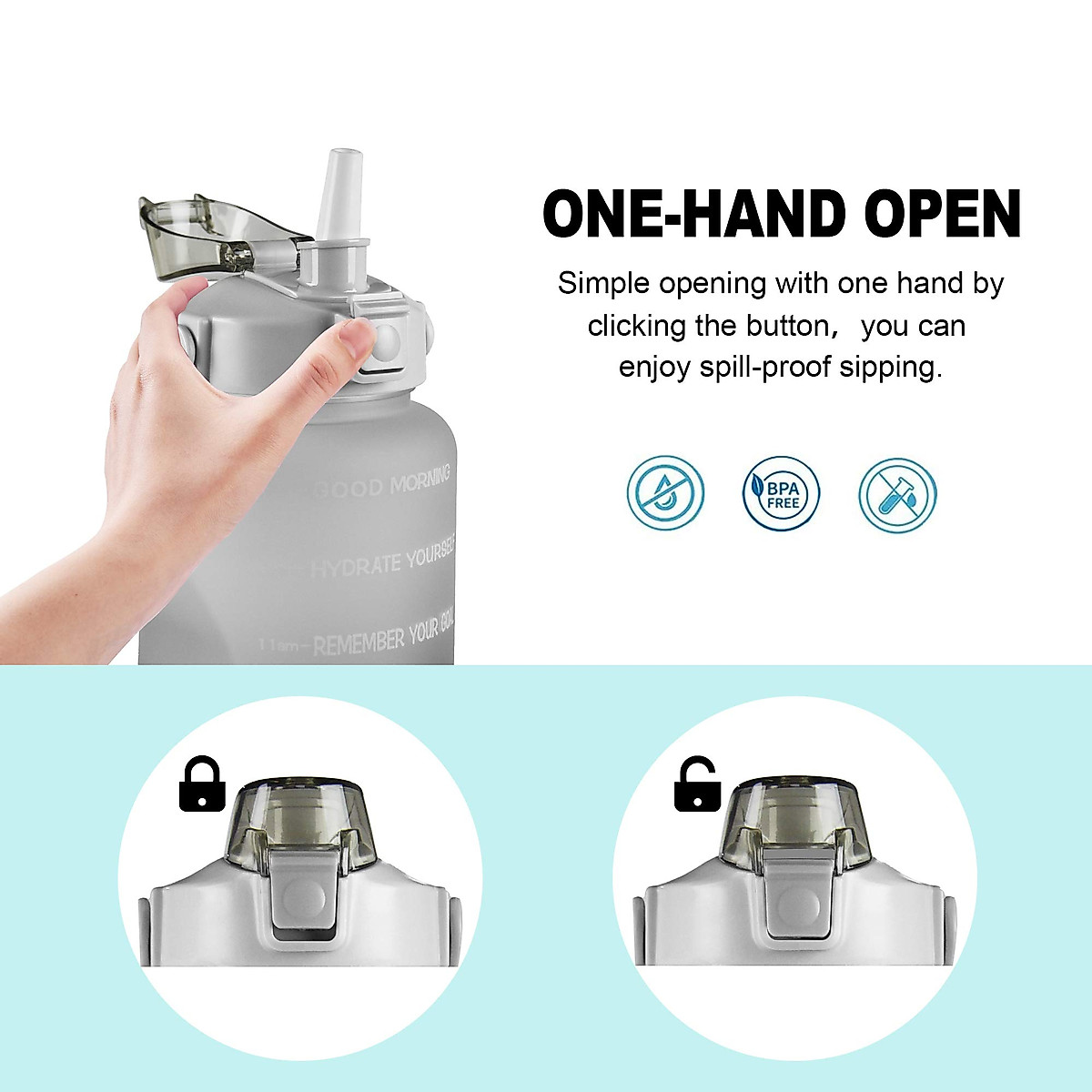 EYQ 64oz Leakproof Free Drinking Water Bottle with Motivational Time Marker BPA Free for Fitness, Gym and Outdoor Sports (Black/Gray Gradient)