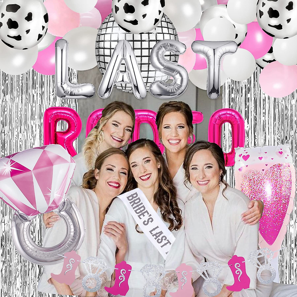 Nashville Cowgirl Last Rodeo Bachelorette Party Bridal Shower Backdrop Decorations,Hot Pink Last Hoedown Garland,Fushia Western Wedding Balloons Arch, Last Ride Let's Go Girl Disco Silver Foil Curtain