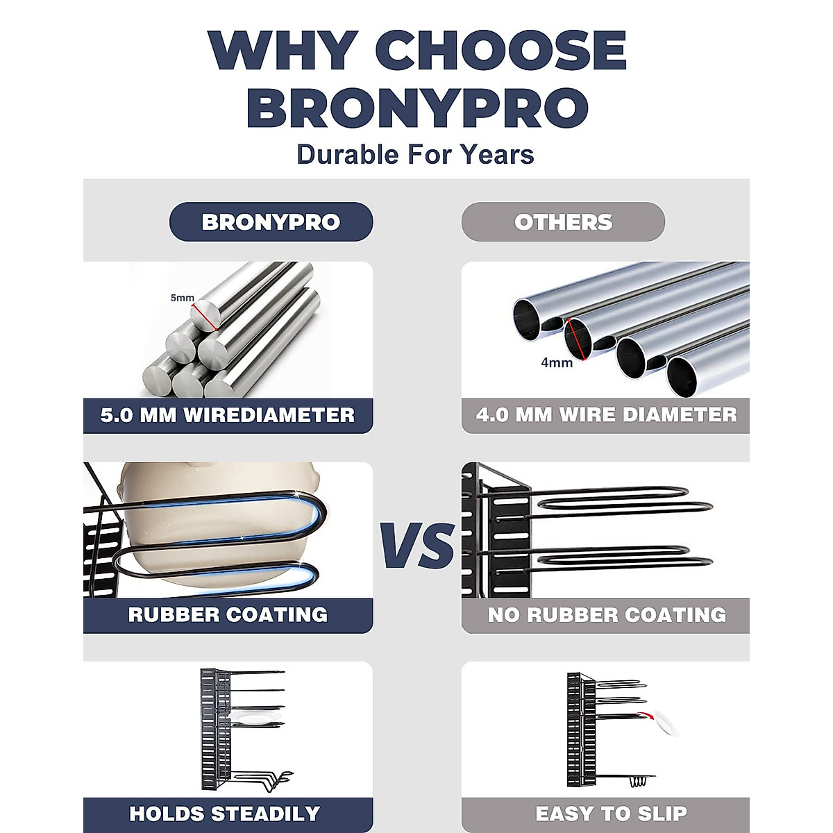 BRONYPRO Adjustable Pots and Pans Organizer for Kitchen Cabinet, Rustproof Storage Organizer Rack for Heavy Pots Pans with 8 Slots, for Skillets, Frying Pan, Pot Lids, Kitchen Must Have (Black)