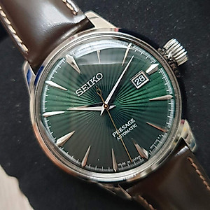 SEIKO mens PRESAGE 'Mockingbird' Cocktail Green Dial with Brown Leather Watch SRPD37J1