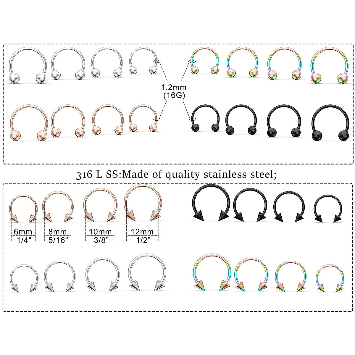 Dyknasz 32PCS 16G Variety of Sizes Horseshoe Rings Surgical Steel Nose Septum Horseshoe Hoop Earring Eyebrow Tragus Lip Rings Daith Helix Piercing Jewelry for Women Men