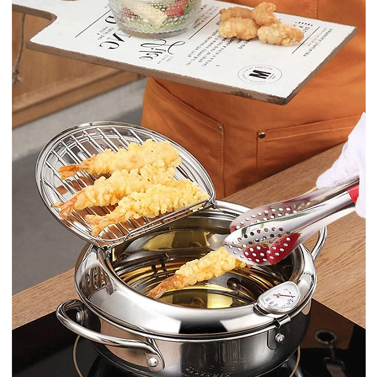 Deep Fryer Set,3.6QT Mini Deep fry Pot with French Fries Basket and Frying Tongs -Stainless Steel Deep Fry Pan with Thermometer