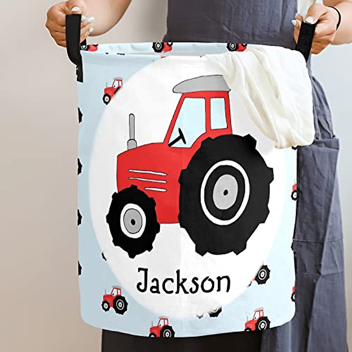 Grandkli Boy's Red Tractor Pattern Personalized Freestanding Laundry Hamper, Custom Waterproof Collapsible Drawstring Basket Storage Bins with Handle for Clothes, Toy, 50cm x 36cm
