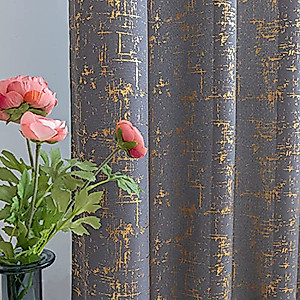 Taisier Home Gold Foil Print Linen Textured Curtains Geometric Dots Pattern Design Curtains for Bedroom Living Room Thermal Insulated Window Treatment 2 Panels 84" L,Soft Grey and Gold Curtains Print