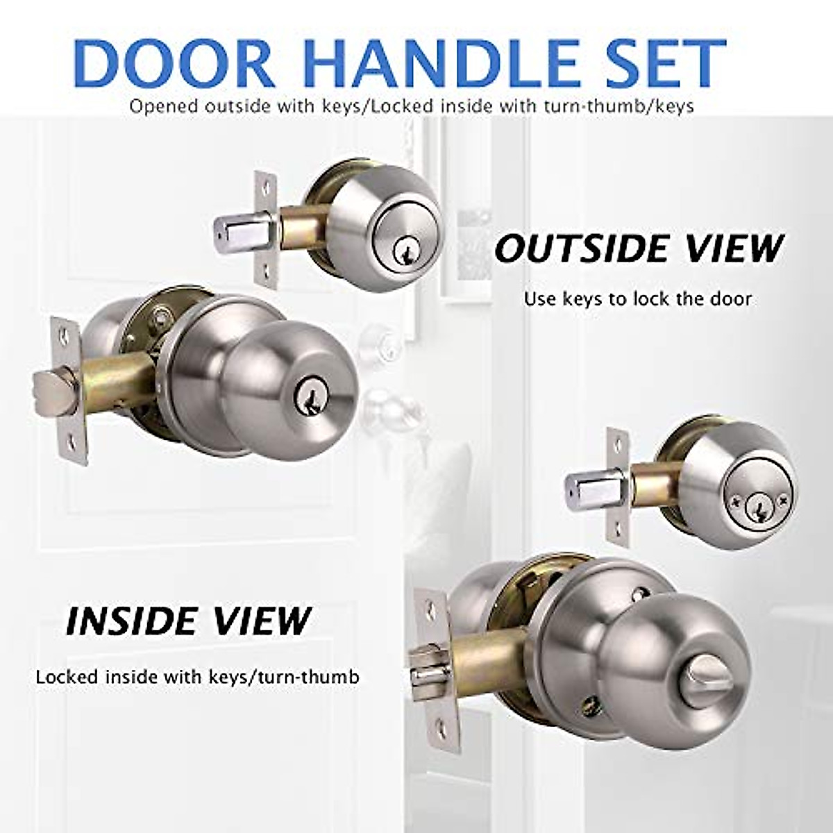 Knobonly All Keyed Same Entry Door Knobs with Double Cylinder Deadbolt for Exterior Front Doors, Satin Nickel Finish, Contractor Pack of 10-Keyed on Both Side