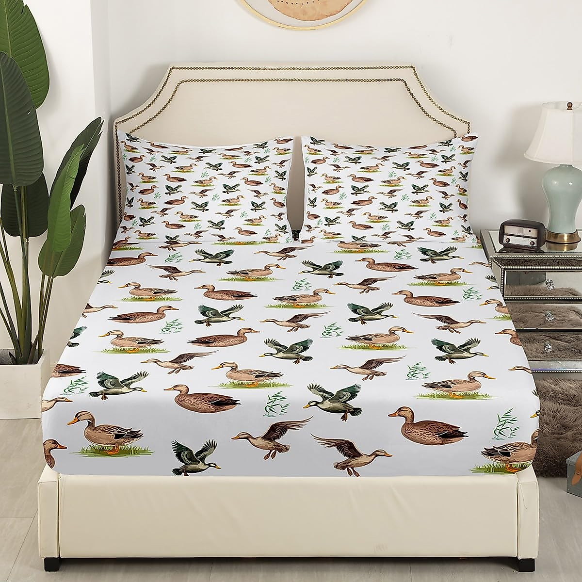 Queen Size Duck Bed Sheet Set Boys Girls Wild Duck Print Fitted Sheet for Kids Women Men Ultra Soft Grey Bedding Set Duck Hunting Bed Cover Room Decor
