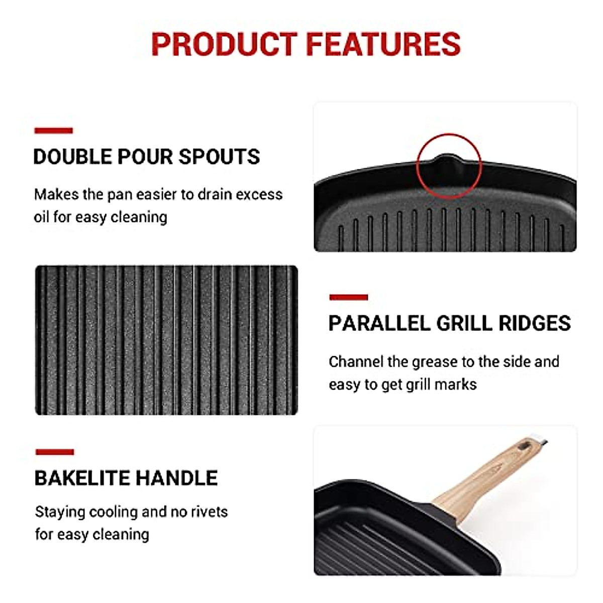 Sakuchi 11 Inch Grill Pan for Stove Tops Induction Compatible，Nonstick Square Griddle Pan for Grilling, Frying, Sauteing