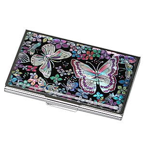 Antique Alive Mother of Pearl Design RFID Blocking Protection Business Card Case, Credit Card Holder, Metal Name Card Case, Engraved Slim Purse Pocket Cash Money Wallet (Flower Butterfly)